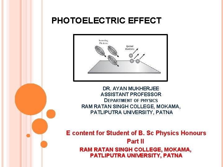 Photoelectric Effect Dr Ayan Mukherjee Assistant Professor Department
