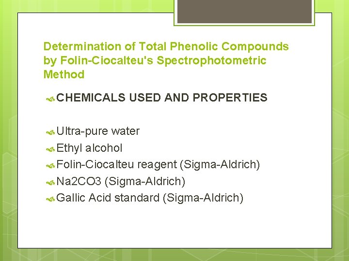 Determination of Total Phenolic Compounds by FolinCiocalteus ...