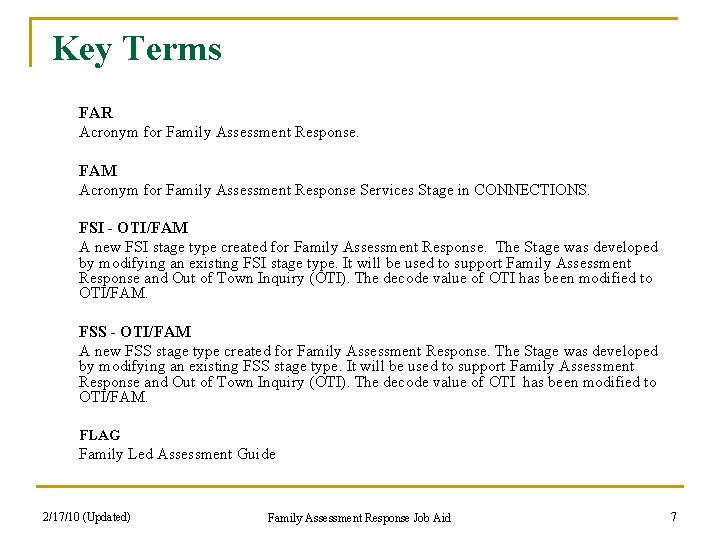 CONNECTIONS Family Assessment Response Job Aid for Participating