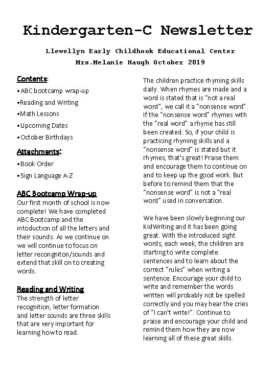 KindergartenC Newsletter Llewellyn Early Childhook Educational Center Mrs