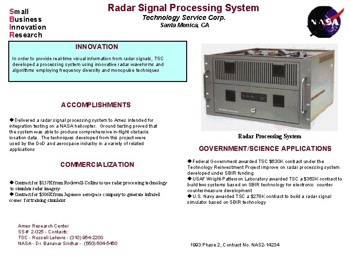Small Business Innovation Research Radar Signal Processing System