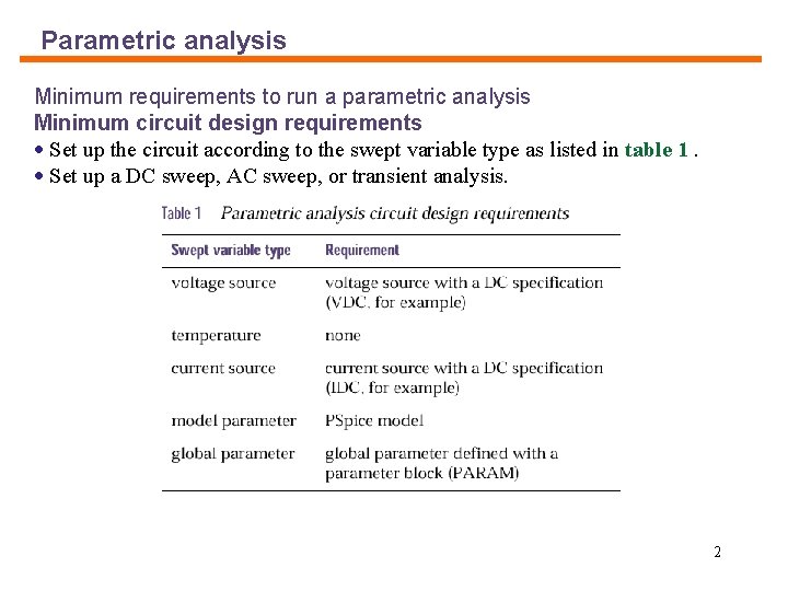 COURSE 6 Parametric analysis Overview This course describes