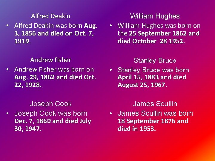 Australian Prime Minister Timeline By Verdi YEAR 1901