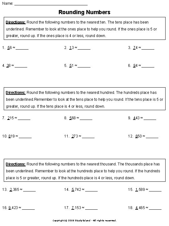 Name Rounding Numbers Directions Round the following numbers