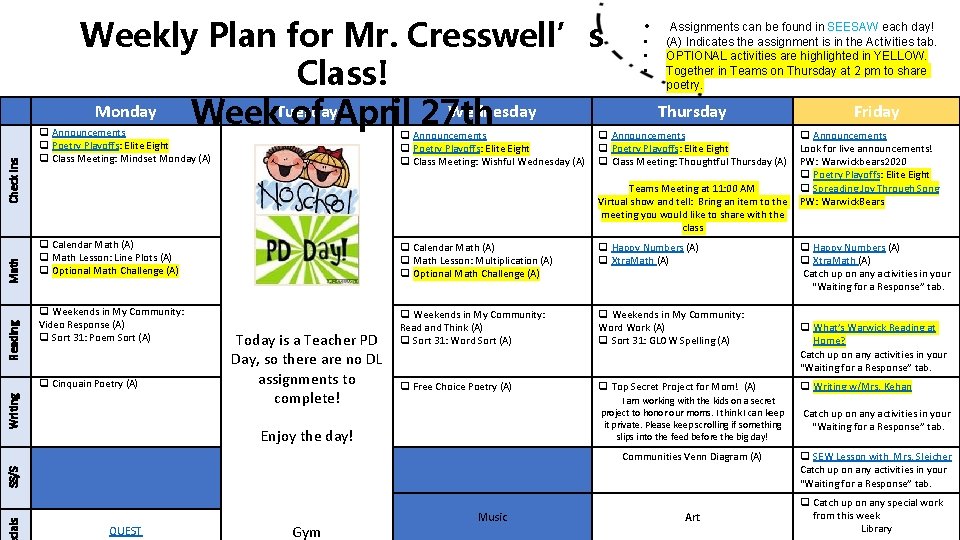 Reading Math Check ins Weekly Plan for Mr