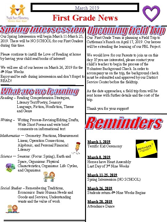 March 2019 First Grade News Our Spring Intersession