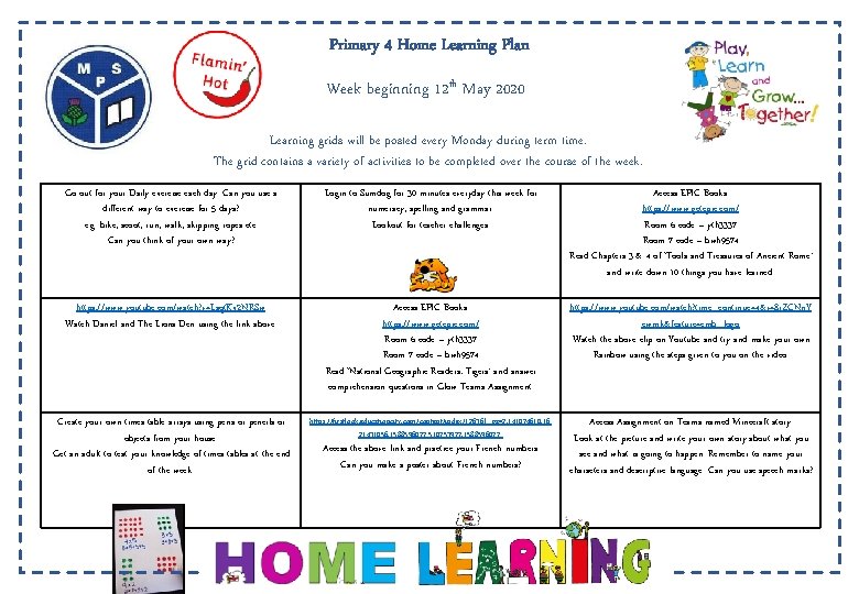 Primary 4 Home Learning Plan Week beginning 12