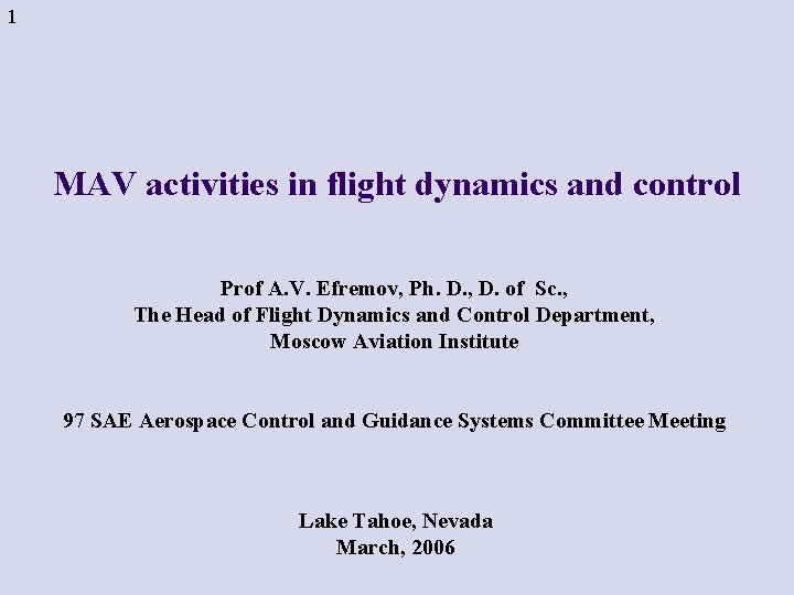 1 MAV activities in flight dynamics and control