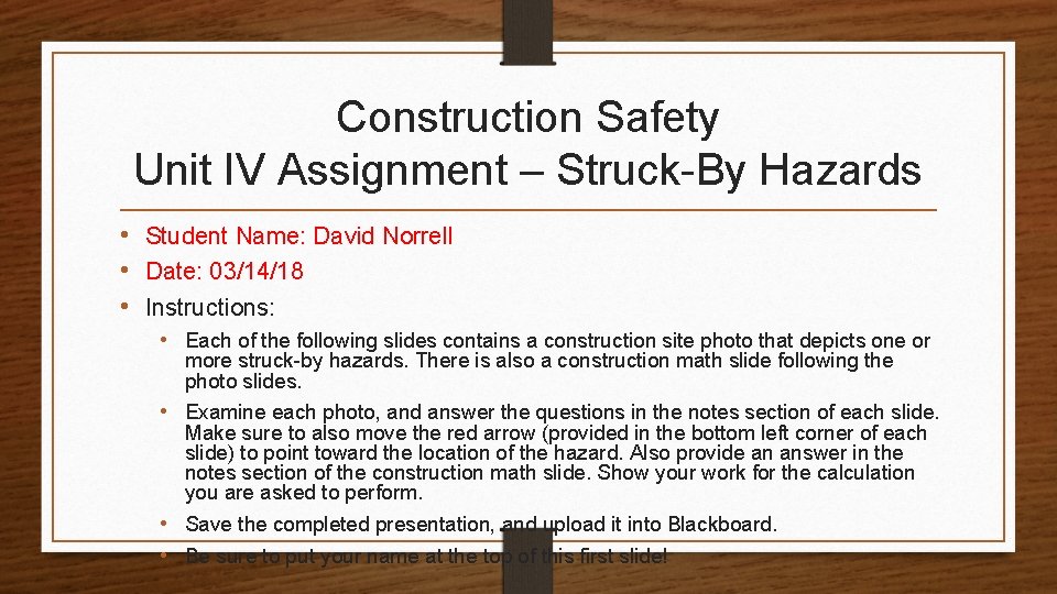 Construction Safety Unit IV Assignment StruckBy Hazards Student