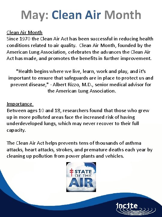 May Clean Air Month Since 1970 the Clean