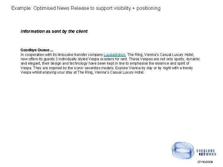Example Optimised News Release to support visibility positioning