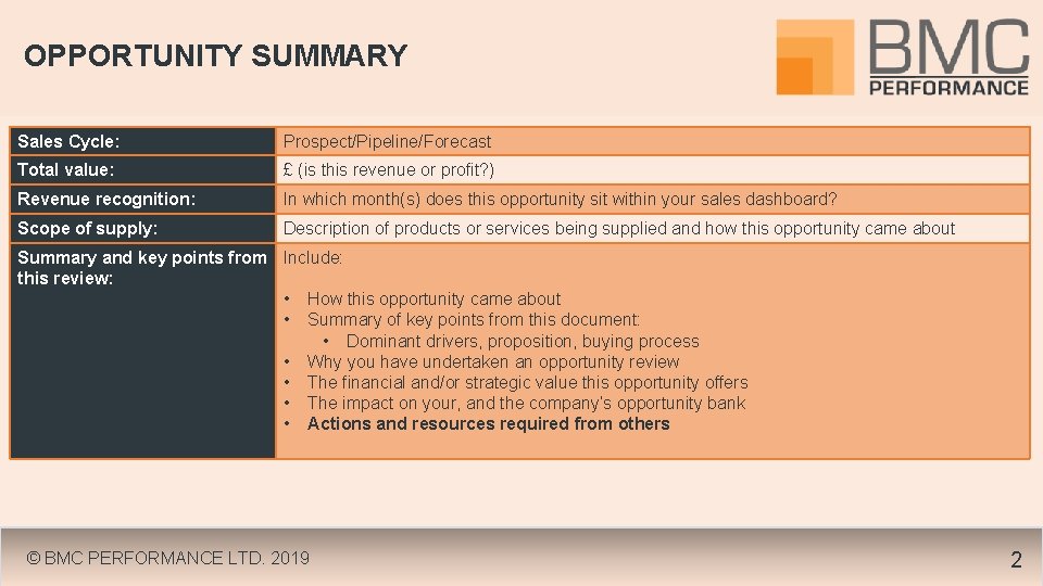 04 a OPPORTUNITY REVIEW TEMPLATE OPPORTUNITY SUMMARY Sales