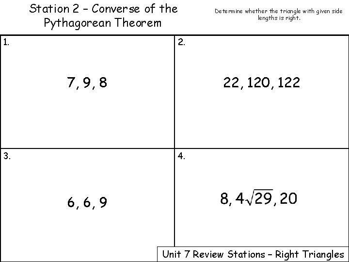 Station 1 Pythagorean Theorem Review 1 For 3