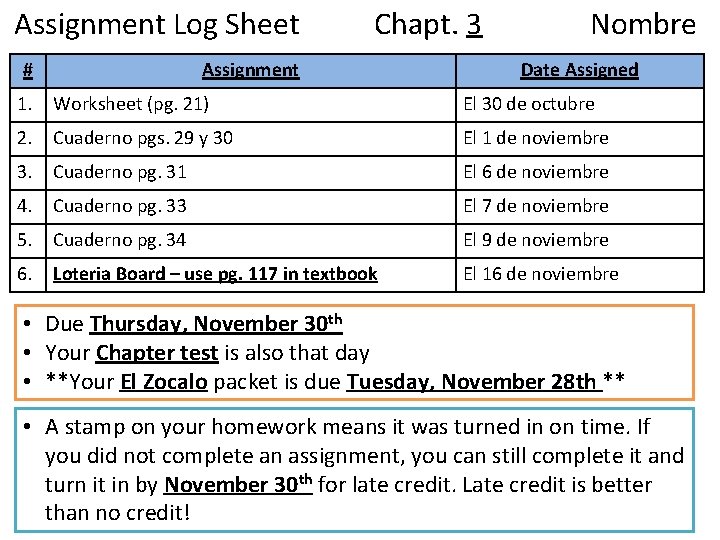 Assignment Log Sheet Chapt 3 Assignment Nombre Date