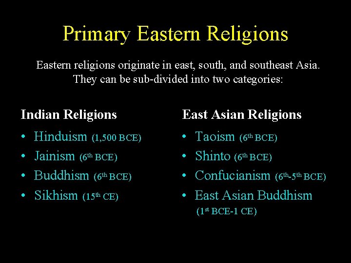 Primary Eastern Religions Eastern religions originate in east