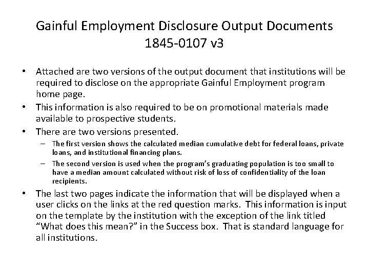 Gainful Employment Disclosure Output Documents 1845 0107 v