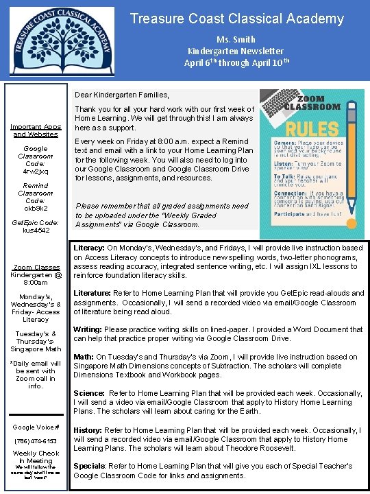 Treasure Coast Classical Academy Ms Smith Kindergarten Newsletter