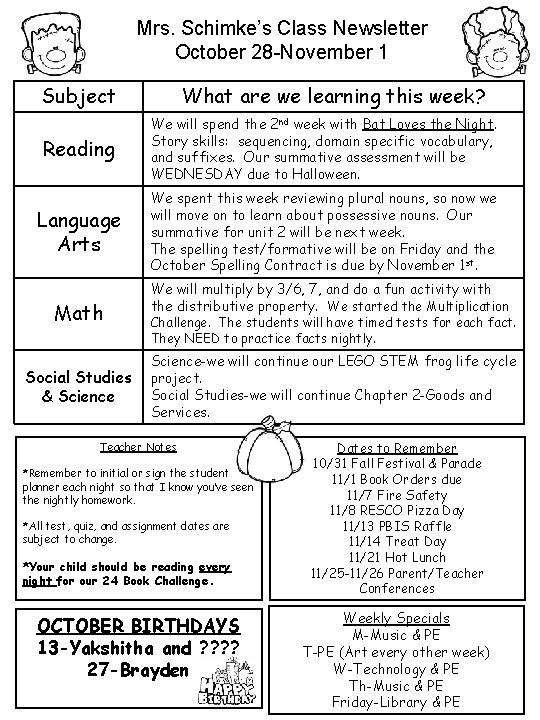 Mrs Schimkes Class Newsletter October 28 November 1