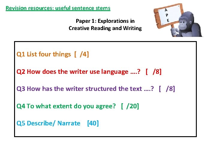 Revision resources useful sentence stems Paper 1 Explorations