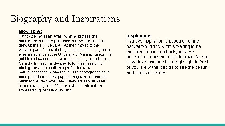 Patrick Zephyr Nature Photography Biography and Inspirations Biography
