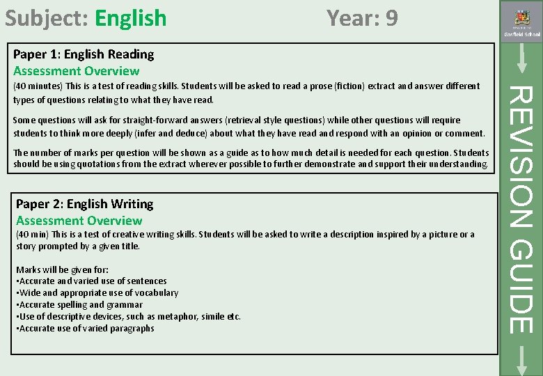 Subject English Year 9 Paper 1 English Reading