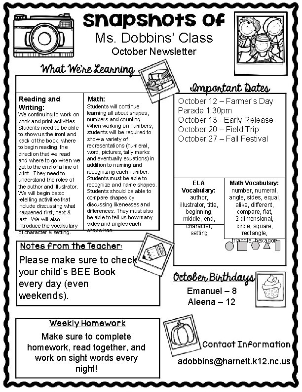 Ms Dobbins Class October Newsletter Reading and Writing
