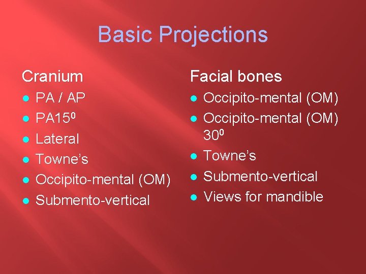 Skull Radiography Cranium Facial bones Basic Projections Cranium
