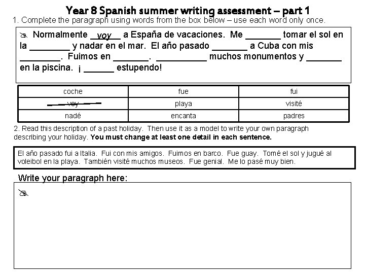 Year 8 Spanish summer writing assessment part 1
