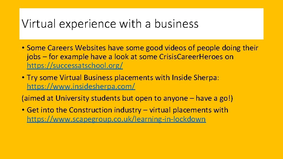 Virtual Work Experience So our Y 10 work