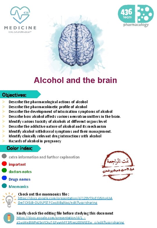 Alcohol and the brain Objectives Describe the pharmacological