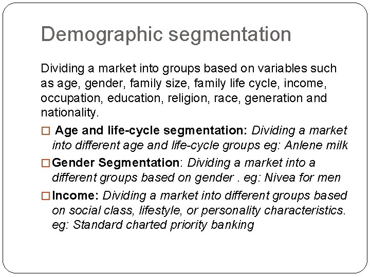 Marketing Segmentation Positioning Marketing Segmentation Dividing a market