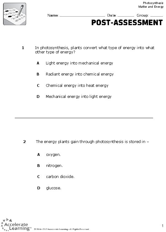 Photosynthesis Matter and Energy 1 2 In photosynthesis