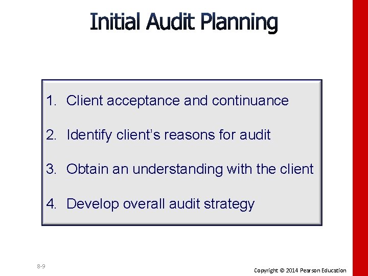 Chapter 8 Audit Planning Copyright 2014 Pearson Education