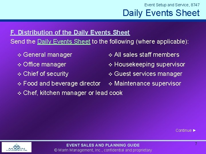 Event Setup and Service 8747 Daily Events Sheet