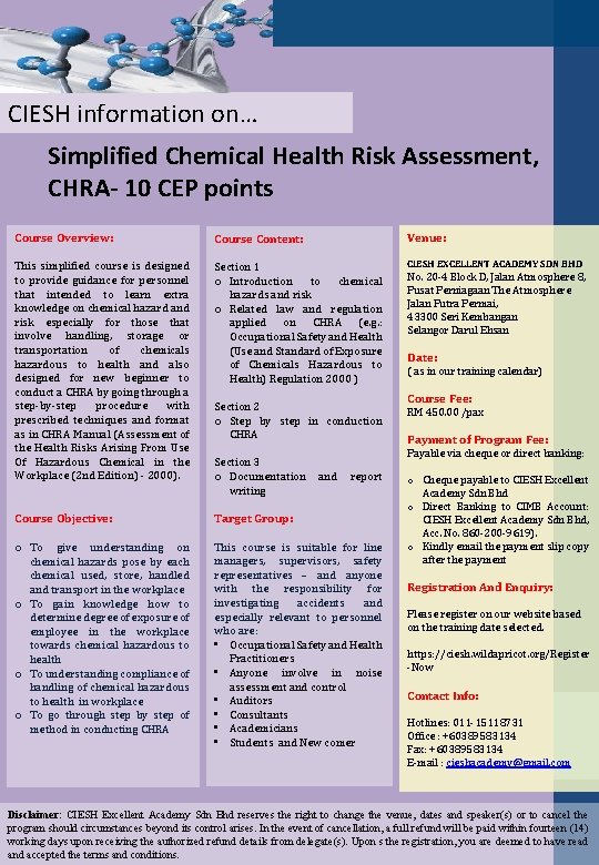 CIESH information on Simplified Chemical Health Risk Assessment