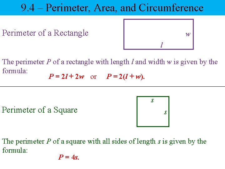 9 4 Perimeter Area and Circumference Perimeter of