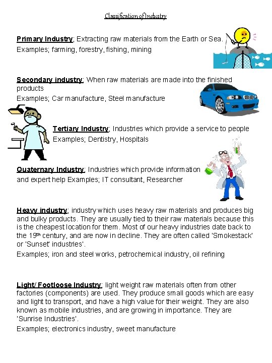 Classification of Industry Primary Industry Extracting raw materials