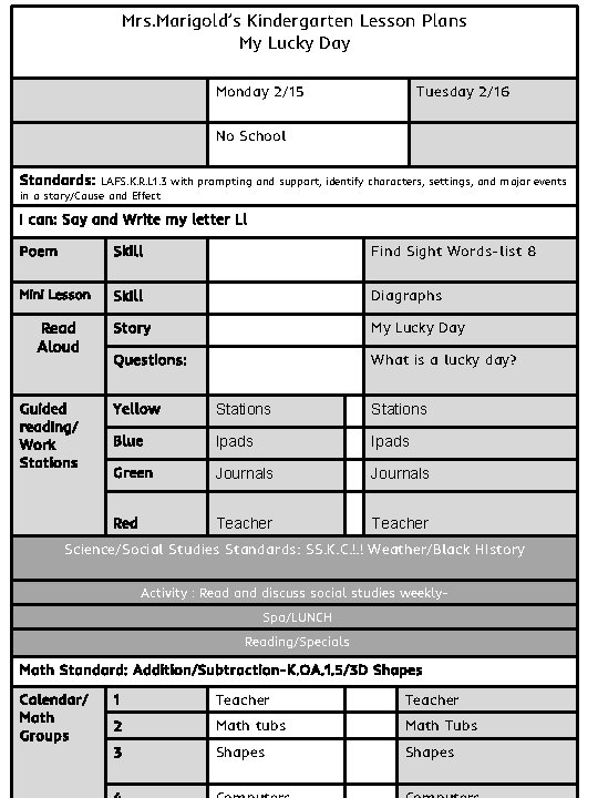 Mrs Marigolds Kindergarten Lesson Plans My Lucky Day