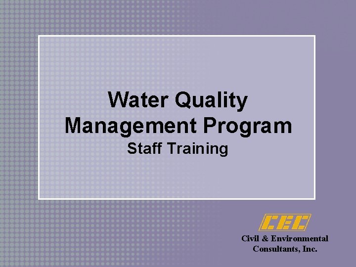 Water Quality Management Program Staff Training Civil Environmental