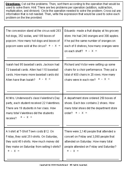 Directions Cut out the problems Then sort them