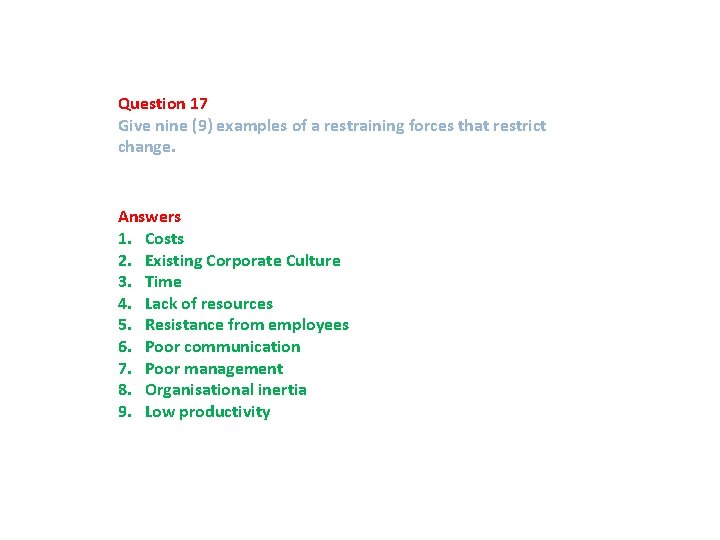 Business Management Quiz Unit 4 Management of Change