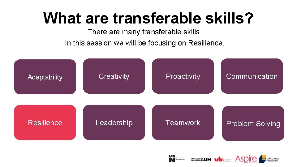 Developing Transferable Skills Resilience Help us to help