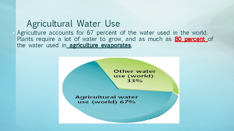Water Use Agricultural Water Use Agriculture accounts for