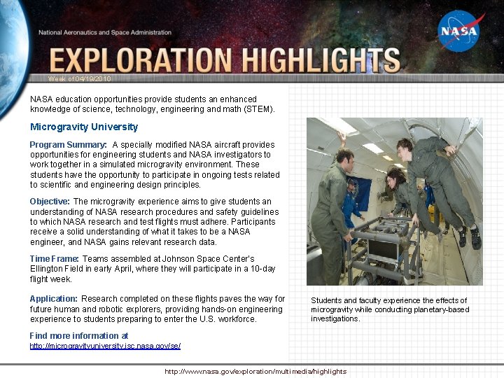 Week of 04192010 NASA education opportunities provide students