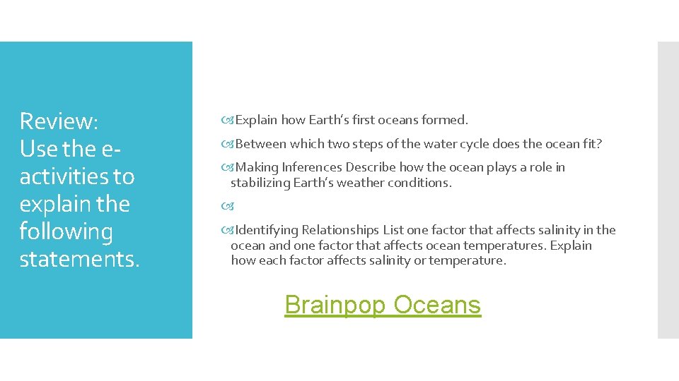 Chapter 13 Exploring the Oceans Objectives 1 List