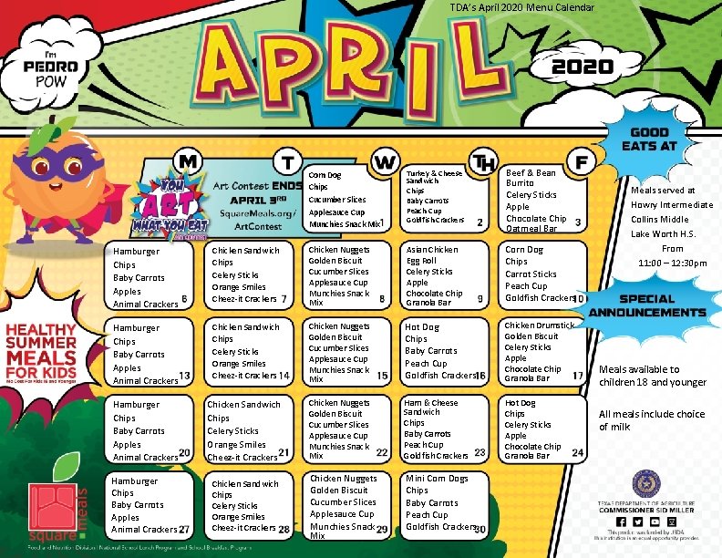 TDAs April 2020 Menu Calendar Corn Dog Chips