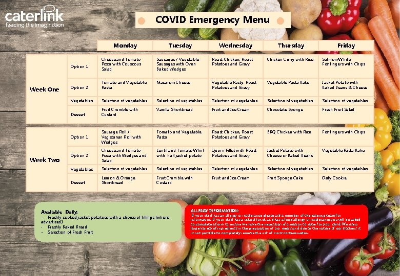COVID Emergency Menu Monday Week Two Wednesday Thursday