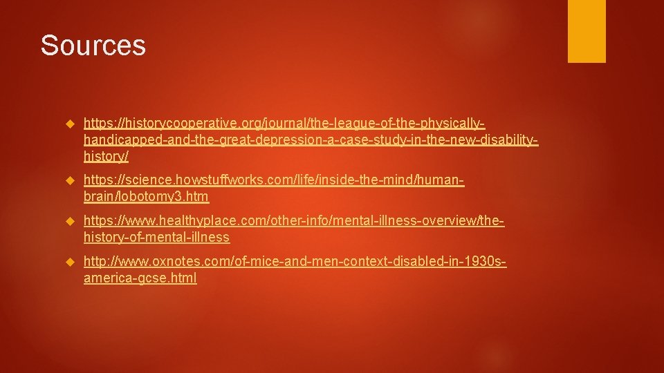 Disabilities and Mental Illness in the 1930 s