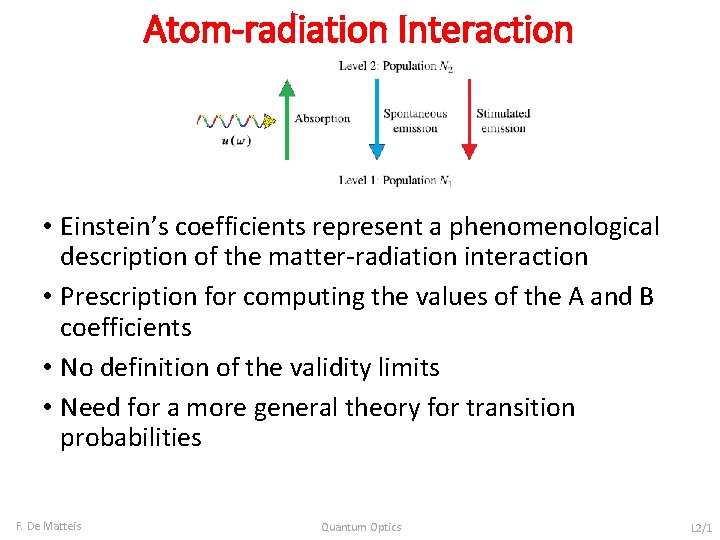 Atomradiation Interaction Einsteins coefficients represent a ...