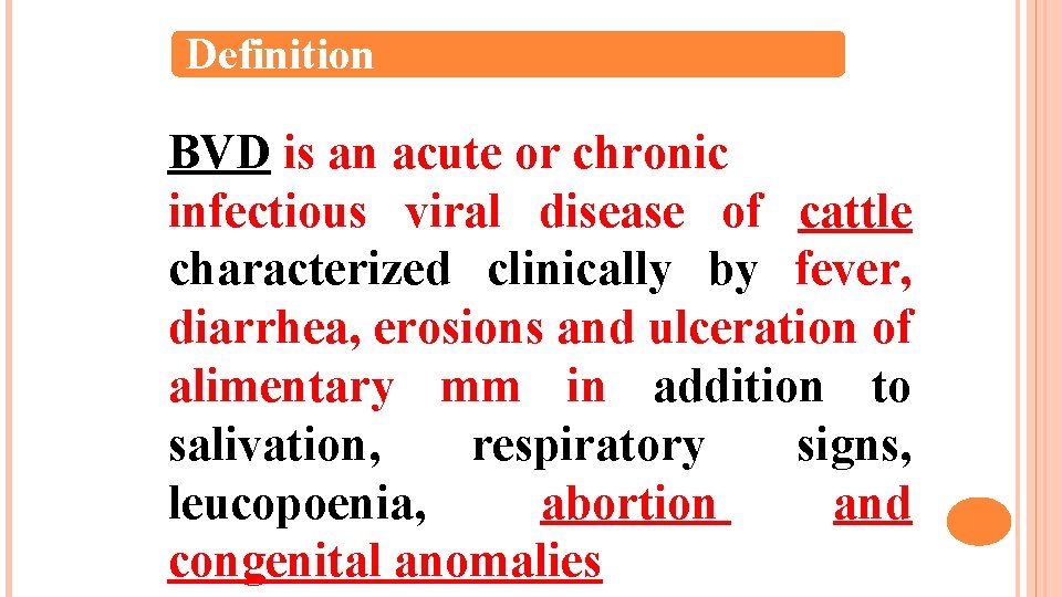 BOVINE VIRAL DIARRHEA Definition BVD is an acute